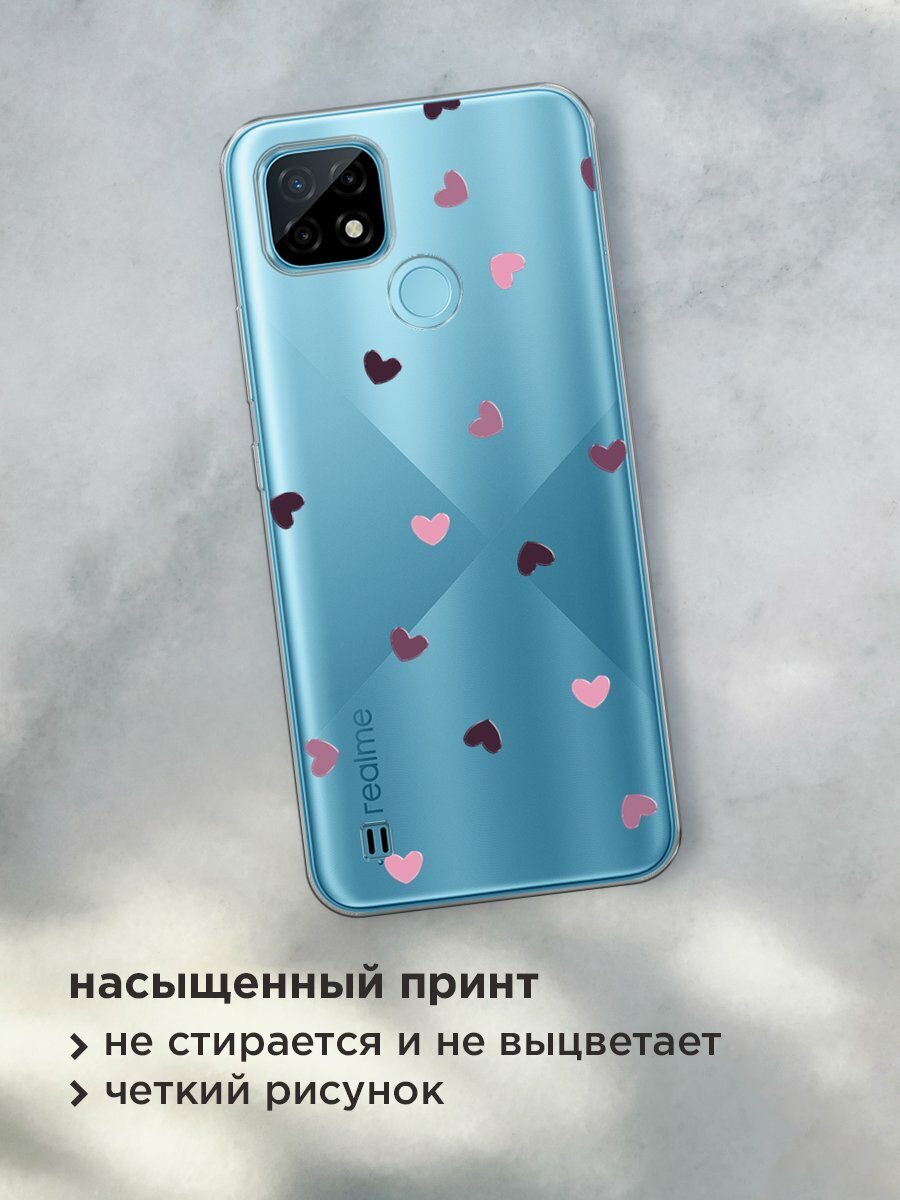 Чехол на Realme C21 / Реалми С21 с принтом "Фиолетовые и розовые сердечки 1" — фото 1