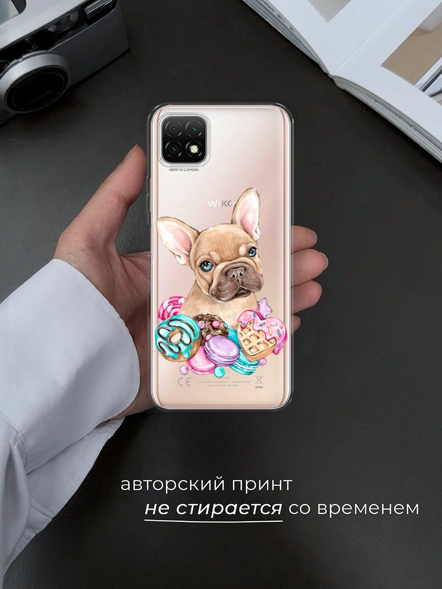 Чехол на Wiko T3 / Вико Т3 с принтом "Бульдог и сладости", прозрачный — фото 1