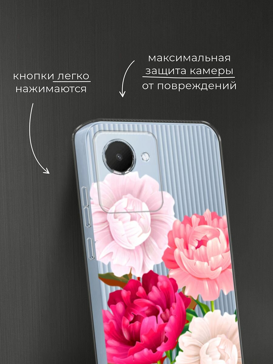 Чехол на Realme C30 / Реалми C30 с принтом "Большие пионы", прозрачный — фото 1