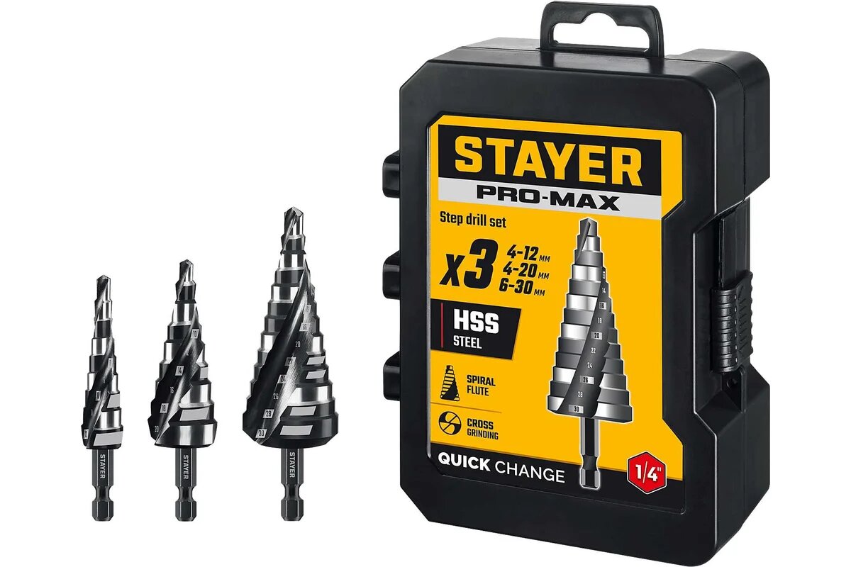 STAYER Pro-Max Набор сверл ступенчатых 3-ступени диаметр 4–32 мм для металла и дерева