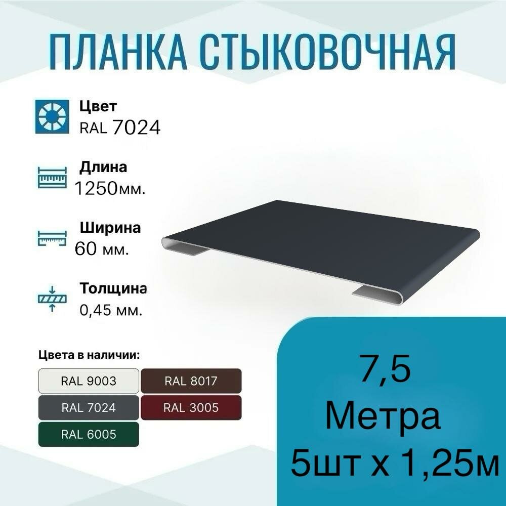 Нащельник металлический ширина 60мм , длина 1,25м*5шт , цвет Графит RAL 7024