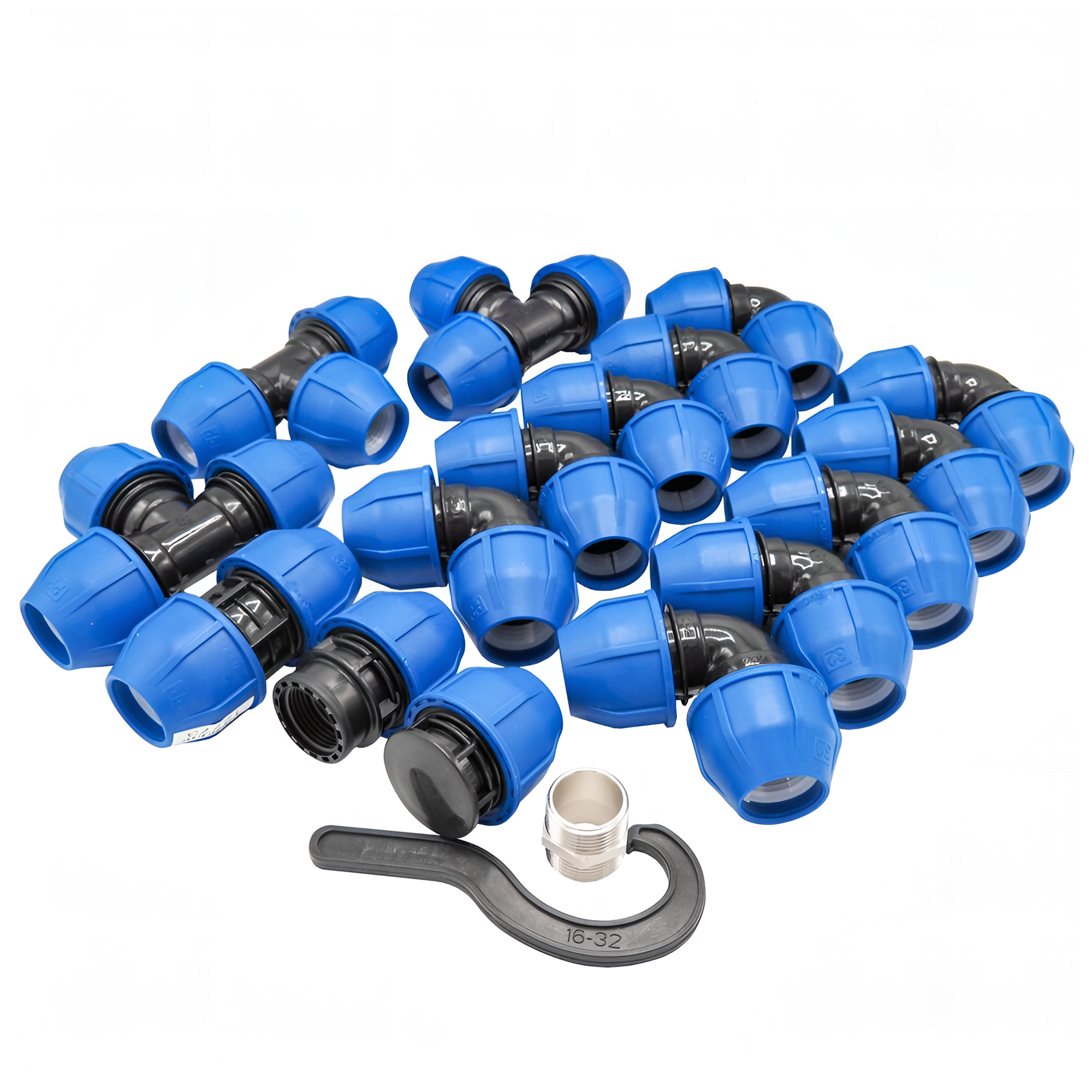 Набор ПНД фитингов для трубы 32 мм, с муфтой. Комплект из 18 элементов