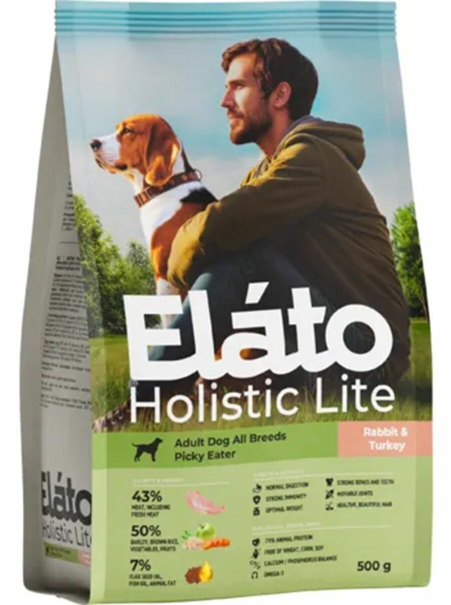 Elato Holistic Lite корм для собак привередливых, кролик и индейка, 500 гр.