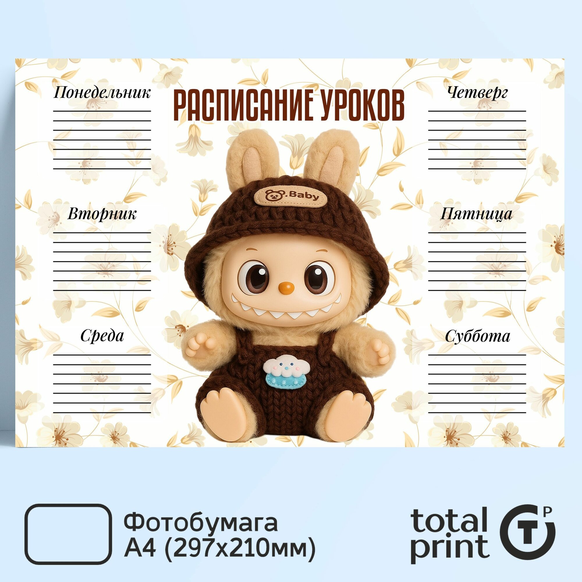 Школьное расписание уроков лабубу, А4, TotalPrint