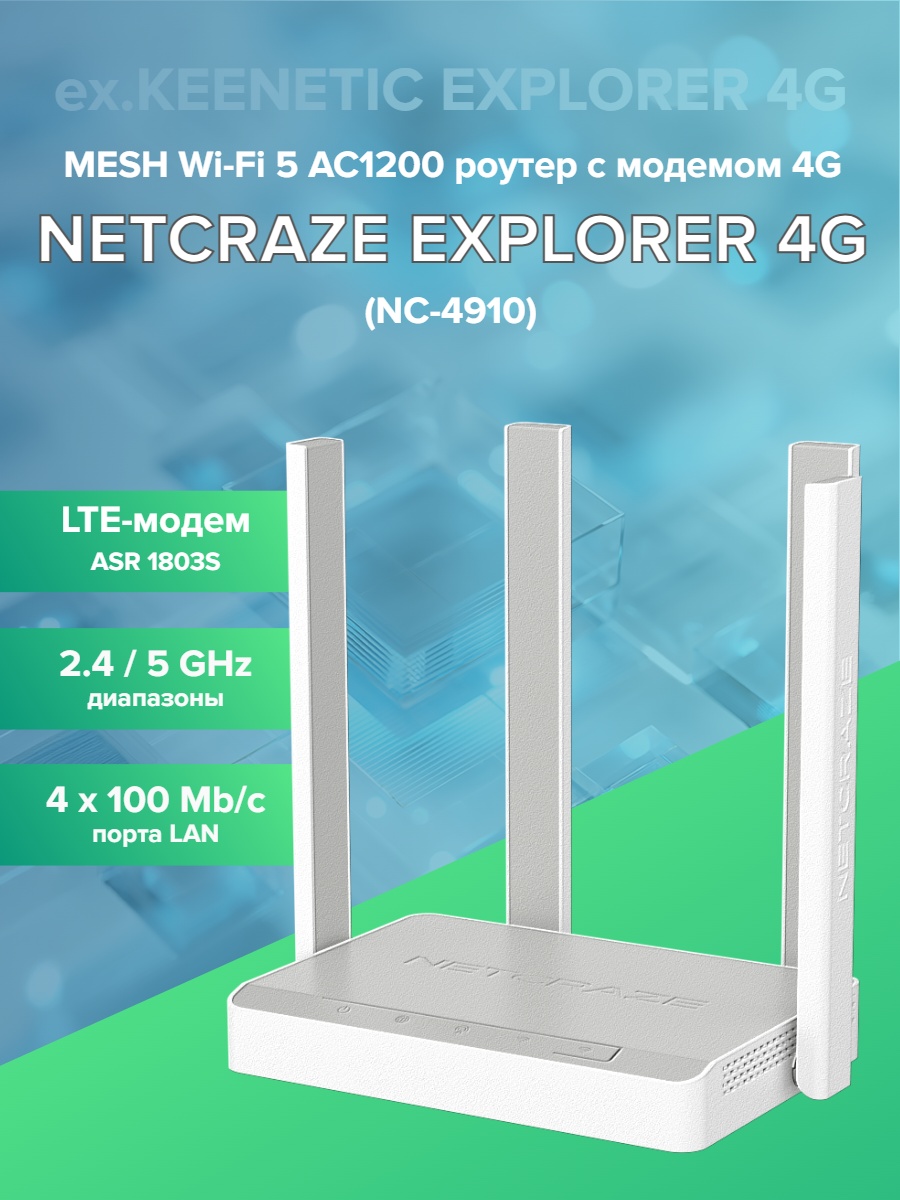 Wi-Fi роутер Netcraze (Keenetic) NC-4910 Explorer 4G AC1200, двухдиапазонный 2.4/5ГГц, 4G модемом, 4 WAN/LAN