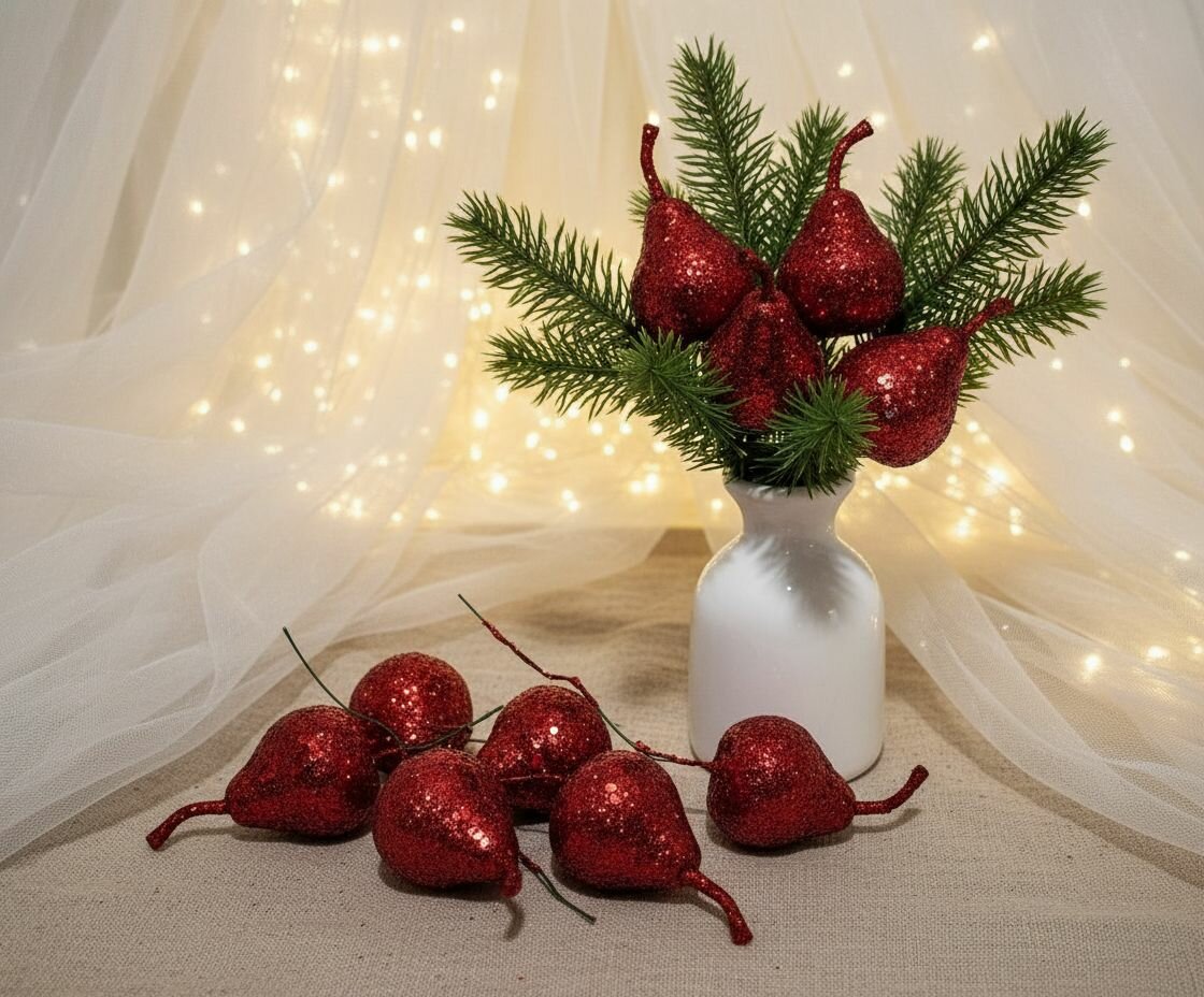 Груша блестящая, декоративная на металлической ножке. Цвет красный. 10 шт