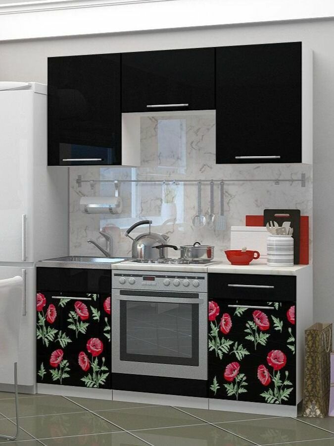 Кухонный гарнитур с фотопечатью Маки 1,6м белый глянец/черный глянец МИФ