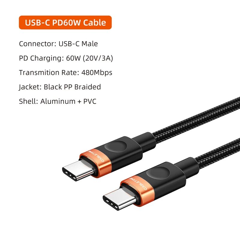 CABLETIME Кабель USB C — C PD 60 Вт 480 Мбит/с Быстрая зарядка Быстрая зарядка типа C — тип C Для ноутбука Samsung Huawei Xiaomi