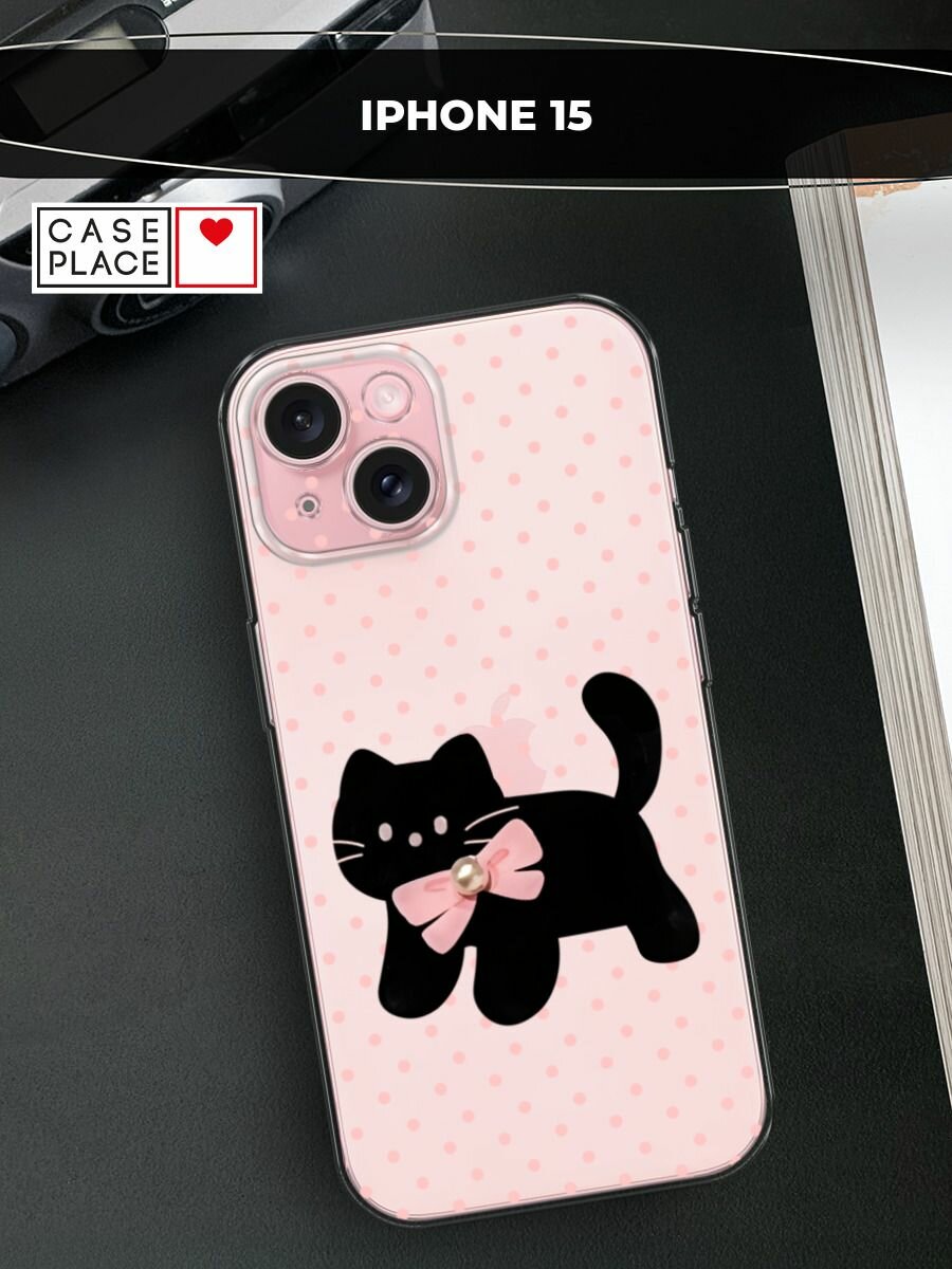 Чехол на Apple iPhone 15 / Айфон 15 с принтом Черный котик с бантом, прозрачный