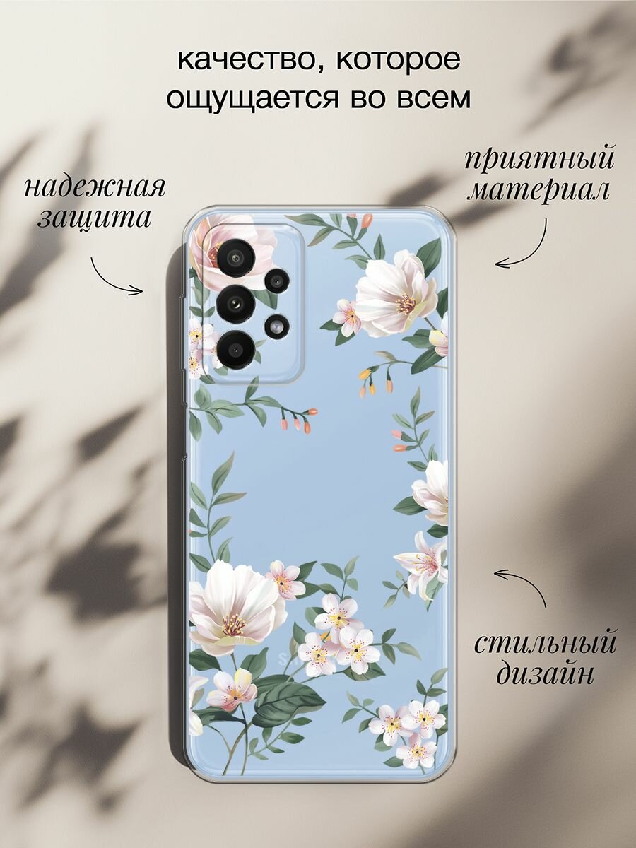 Чехол на Samsung Galaxy A23 / Самсунг Галакси А23 с принтом "Beautiful white flowers", прозрачный — фото 1