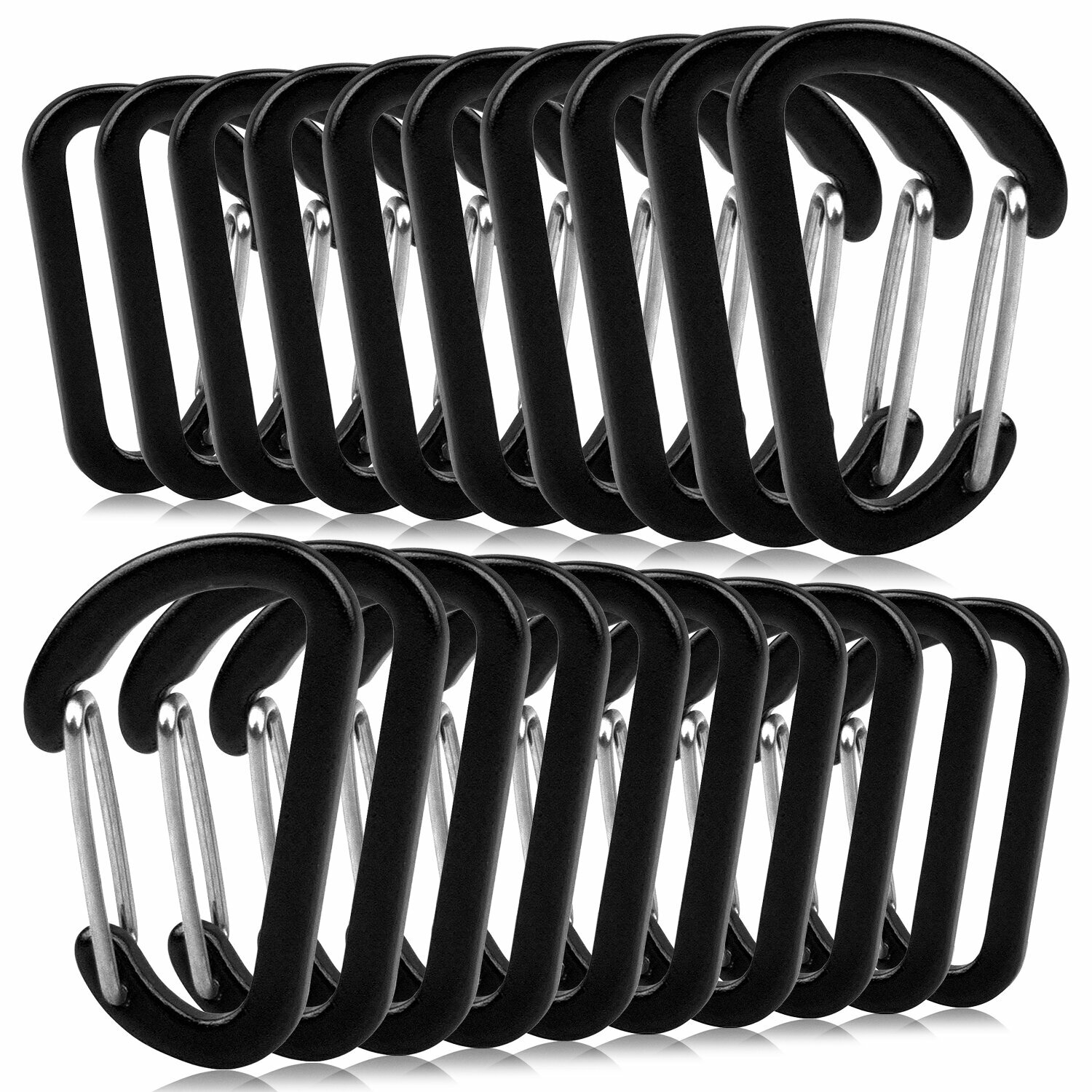 Карбины-крючки D-образные из легкого сплава алюминия, 20 штук, размер 4x0.4x2.5 см, вес 3.5 г, цвета золотистый, черный, синий, для рюкзаков, брелоков, цепей, веревок, бутылок для воды, активностей на открытом воздухе