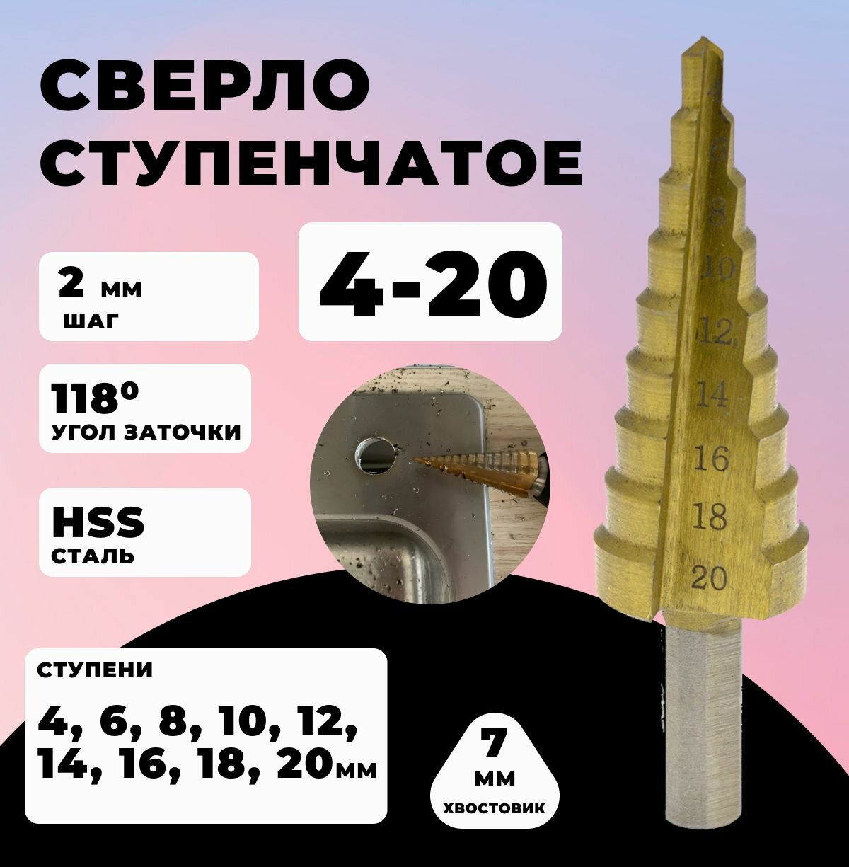 Сверло ступенчатое по металлу 4 - 20 мм, P6M5, шаг 2 мм, с трехгранным хвостовиком