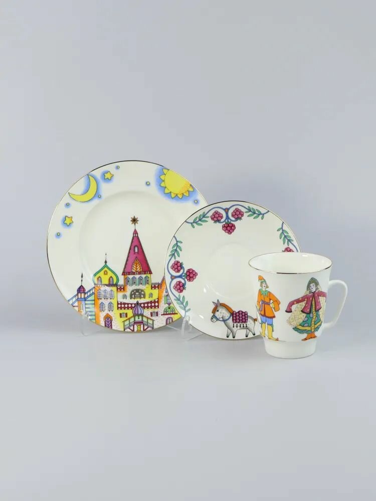 Кофейный набор 165 мл. Форма "Майская", рисунок "Балет. Конек-Горбунок". Костяной фарфор. Кофейная пара с десертной тарелкой. Императорский фарфоровый завод ИФЗ ЛФЗ