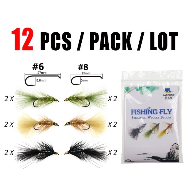 Wifreo 12 шт. шерстяные растяжки для рыбалки, латунные насадки с бусинами, Рыболовные Мухи, щука, окунь, Радужная форель, рыболовные приманки оливковые, коричневые, черные