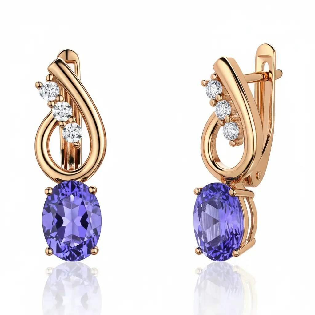 Серьги, красное золото, 585 проба, фианит, танзанит