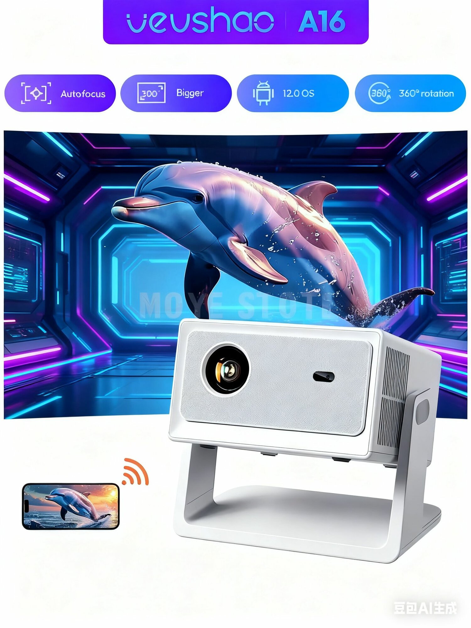 Проектор VEVSHAO A16 Портативный проектор Native 1080P с автофокусом, коррекцией трапецеидальных искажений, Bluetooth 5.2, Android 12, WIFI6, домашний кинотеатр 360