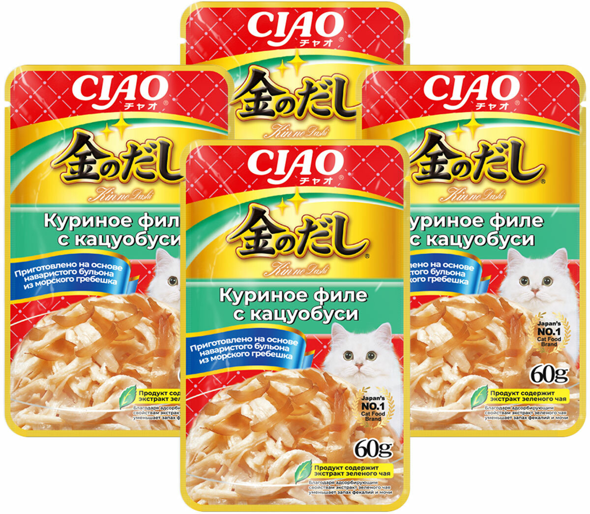 Корм влажный Inaba Kinnodashi для взрослых кошек, куриное филе и стружка тунца в желе, пауч, 60 г х 4 шт