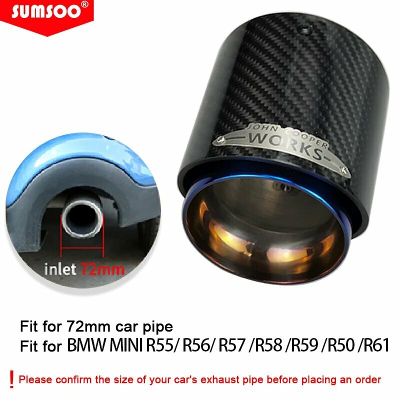 Подлинный SUMSOO сгоревшая синяя труба черный углеродное волокно выхлопной глушитель наконечник подходит для MINI Cooper S F54/F55/F56/F57/F60/R55 R56, inlet72mm