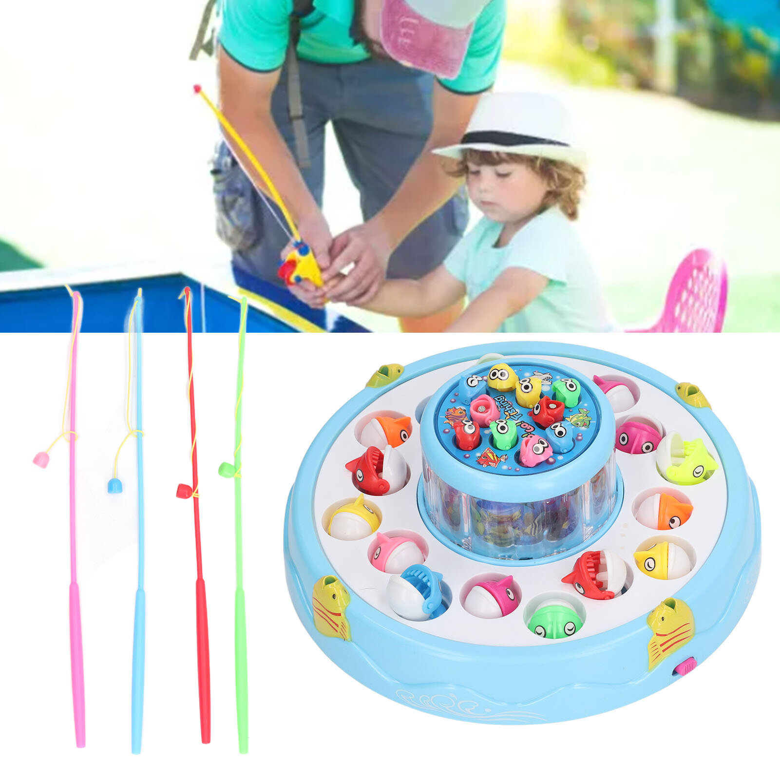 2-слойная магнитная игрушка для рыбалки с 4 полюсами, музыкальный свет, вращающаяся настольная игра, игрушка для рыбалки, синяя