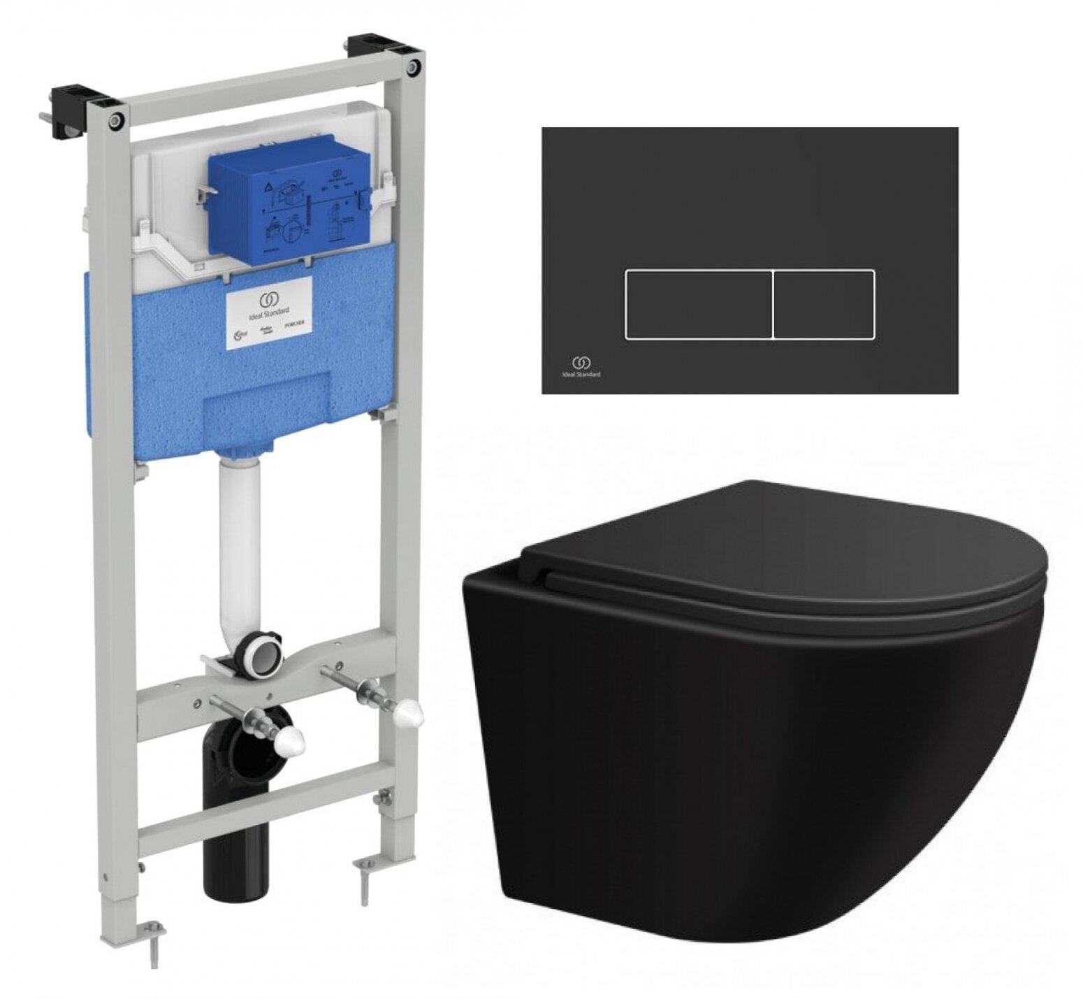 Комплект 3 в 1 инсталляция Ideal Standard + Подвесной унитаз SinteSi EVI + кнопка черная