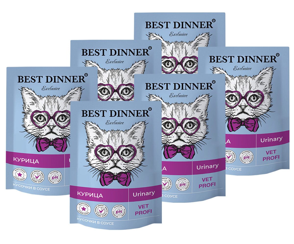 Корм влажный Best Dinner Exclusive Vet Profi Urinary для взрослых кошек при мочекаменной болезни с курицей пауч кусочки в соусе, 85 г х 6 шт