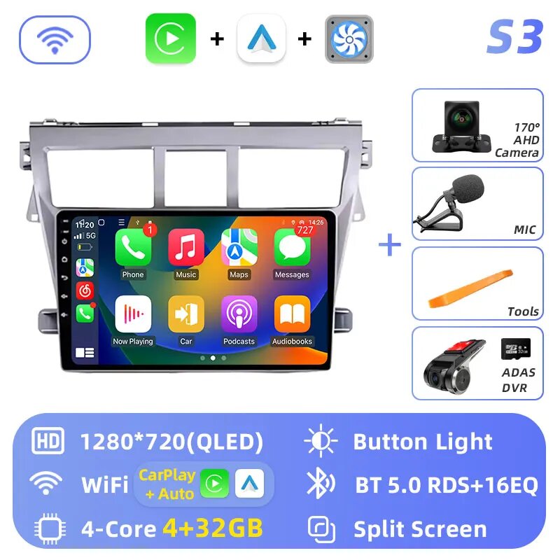 Android 16 для Toyota VIOS Yaris 2007 2008 2009 2010-2012 Автомагнитола GPS Carplay Мультимедийный плеер Навигация Стерео Авто Аудио 4G-32G CAM DVR