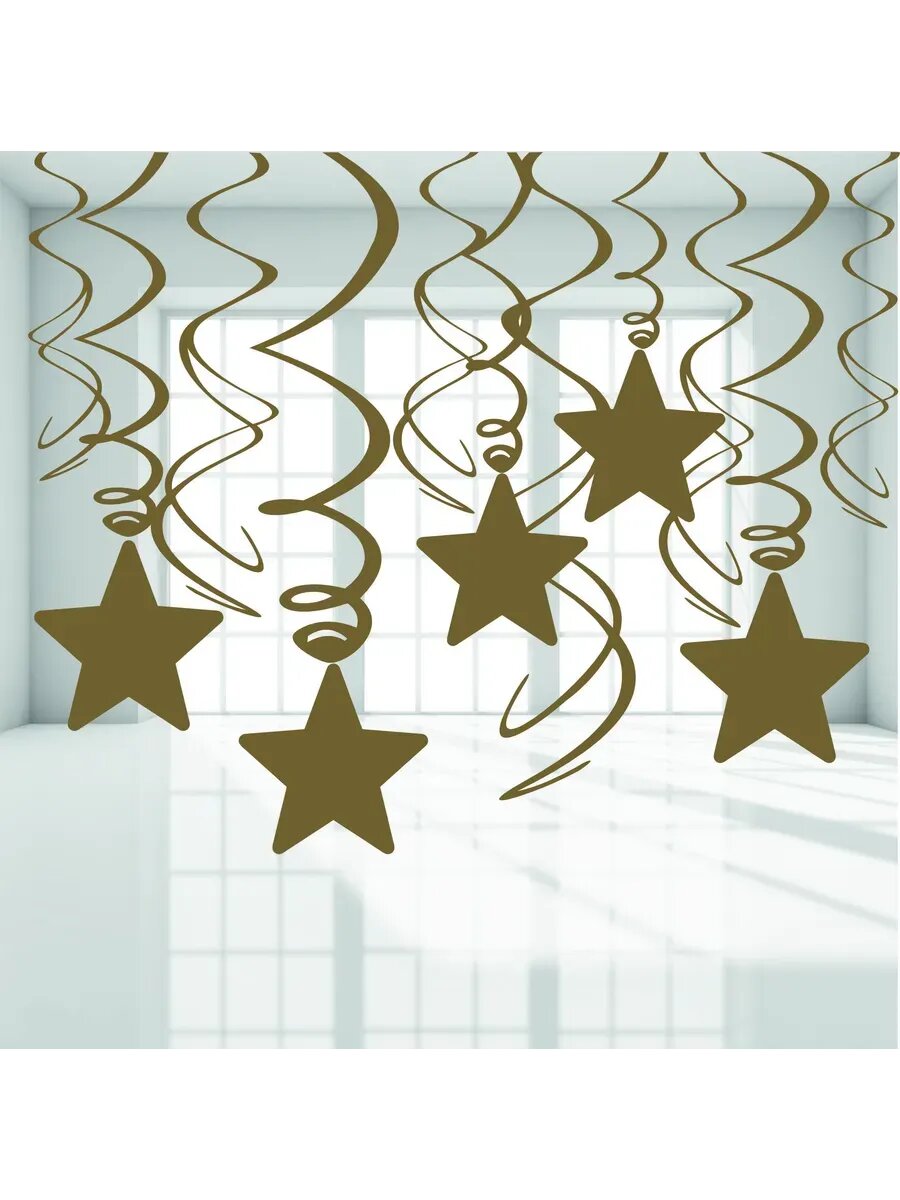 Спираль Декор Звезды, Золото, 12 шт. / 6 спиралей со звездами + 6 без звезд