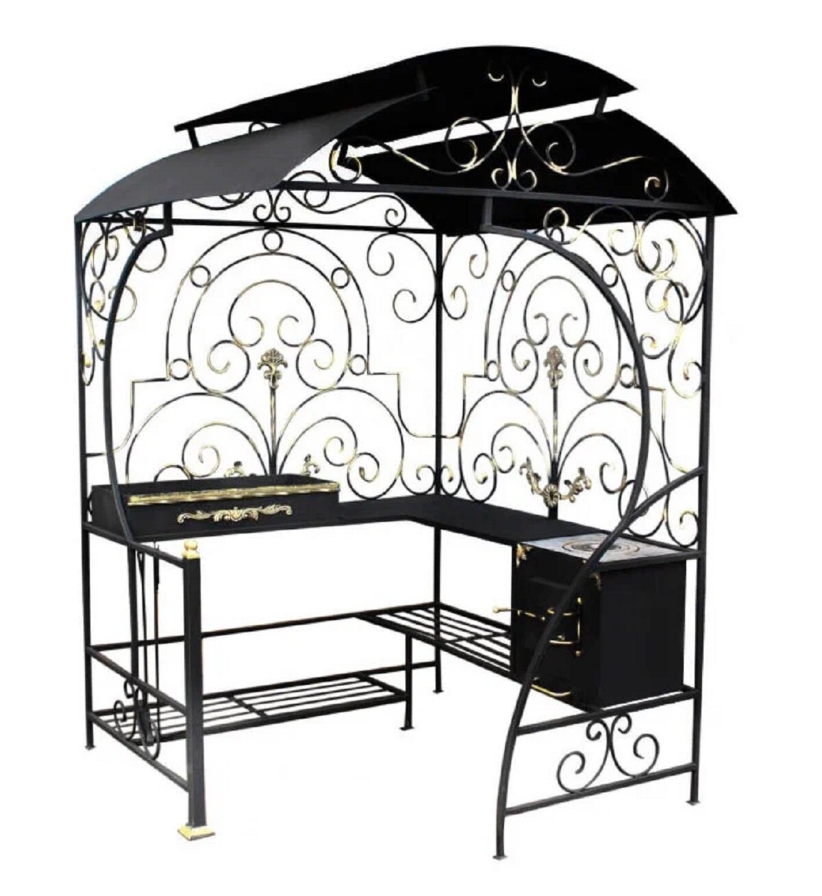 Мангал-беседка Султан с печью, стационарный, с полками, 154 * 154 * 240 см