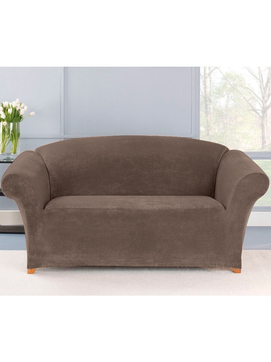 Чехол на двухместный диван Бруклин темно-бежевый, стрейчевый велюр, Виктория Хоум Декор