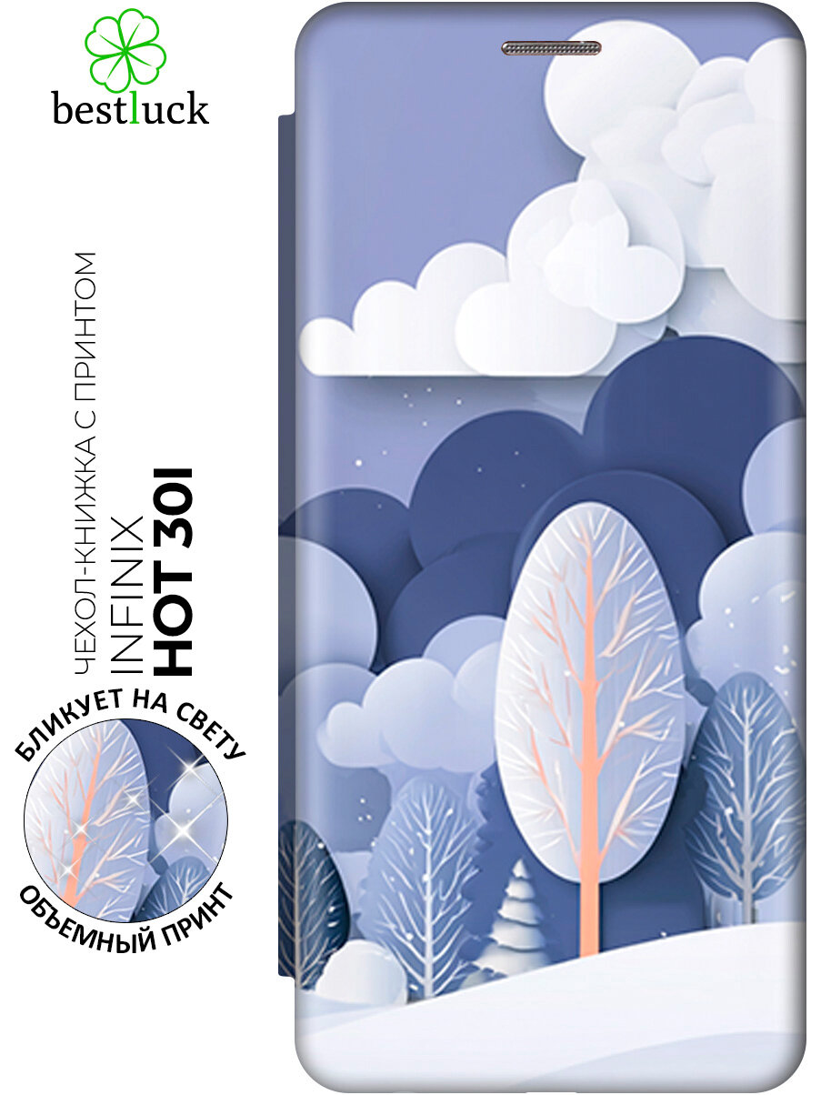 Чехол-книжка на Infinix Hot 30i с принтом "Фиолетовые сны зимы" золотой