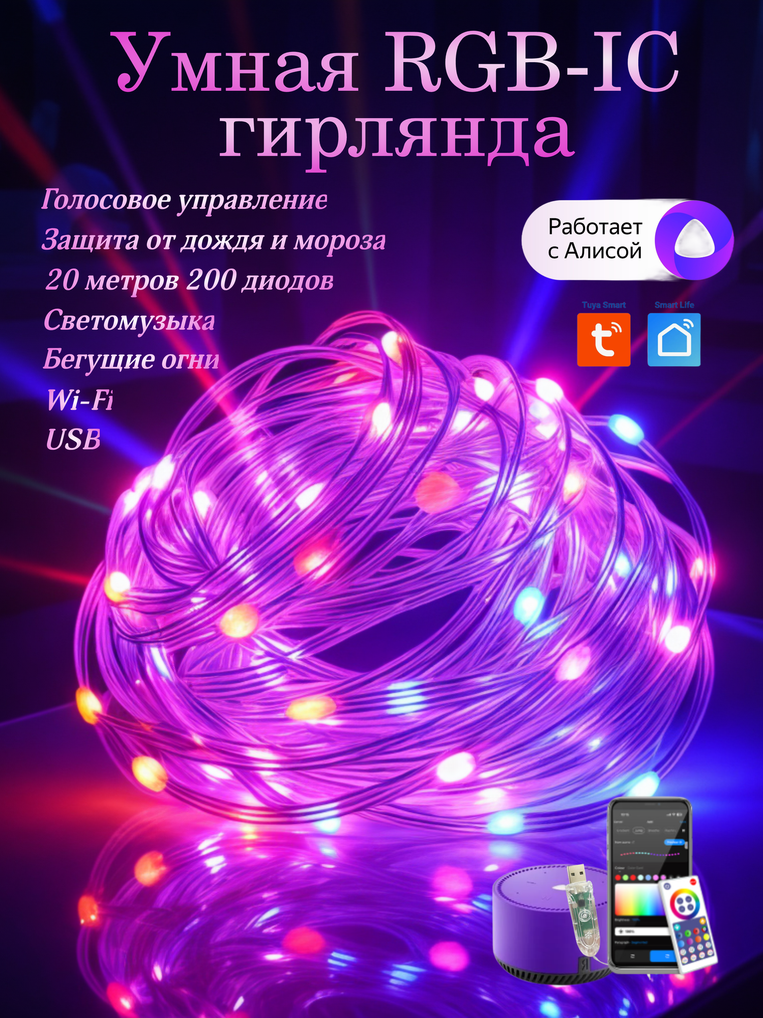 Умная адресная гирлянда с Алисой 20м wi-fi usb rgbic светомузыка