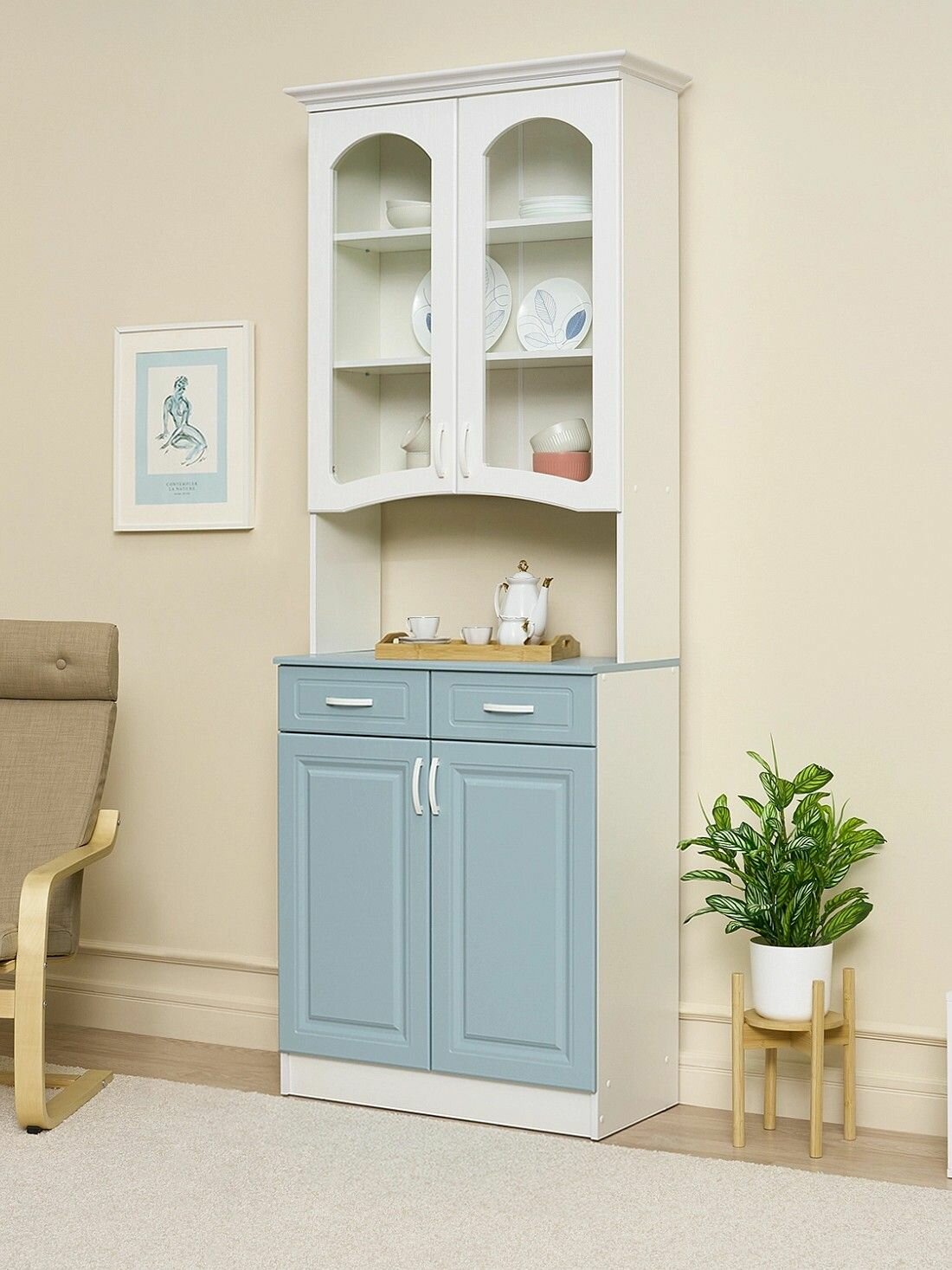 Буфет 2-х створчатый Констанция (Белый матовый/Голубой, Белый)