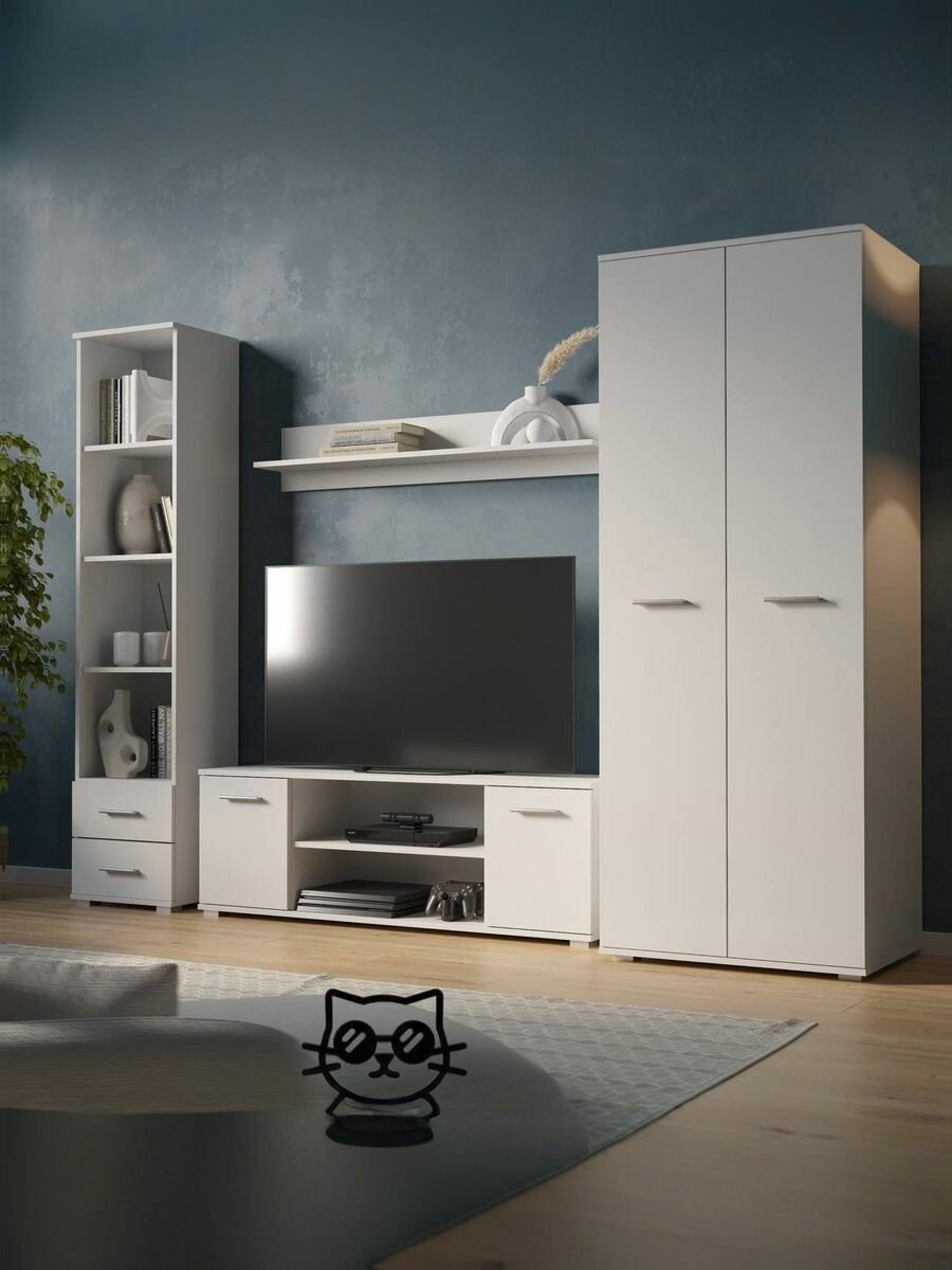 Гостиная FREYA №2, цвет белый, с тв-тумбой, шкафом, стеллажом