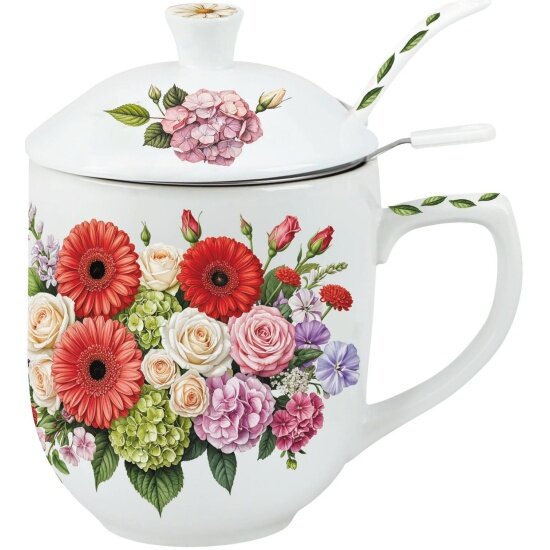 Кружка с заварником Pomi D'oro 350 мл, с крышкой и ложкой, фарфор (P260052)