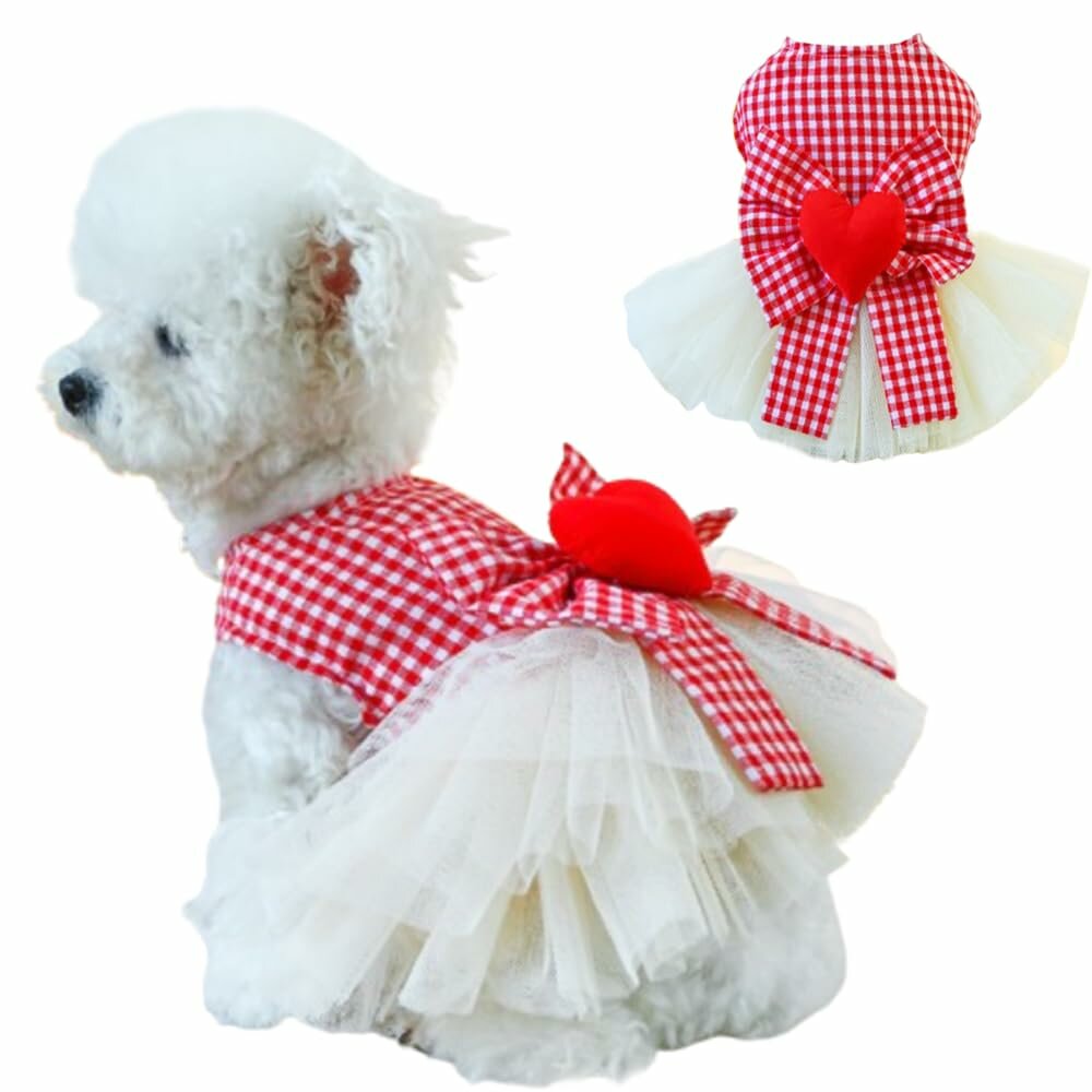 Vestido de perro pequeño a cuadros, traje de gato de San Valentín, tutú, princesa, ropa de cachorro con nudo de lazo y corazón para mascotas, gatito, Chihuahua, XS, S, M, L, XL, poliéster, hilo denso, 1 pieza