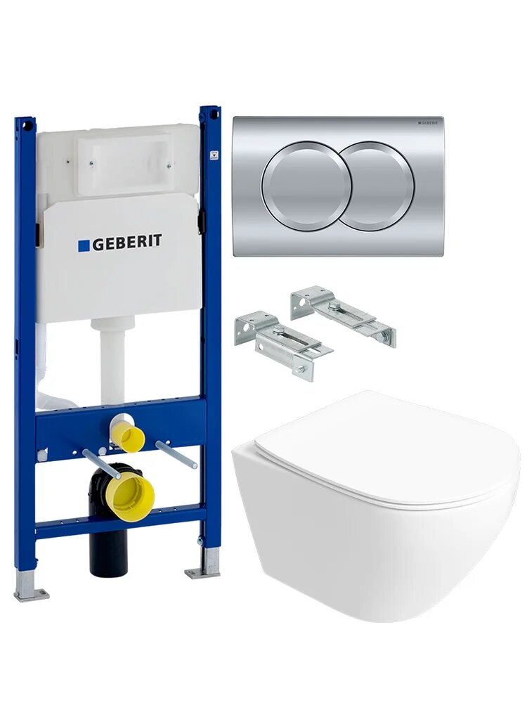 Инсталляция с унитазом комплект 4 в 1: Инсталляция Geberit Duofix Delta 458.149.21.2 / Унитаз подвесной STWORKI Кронборг S28401WH / Кнопка хром, Комплект креплений