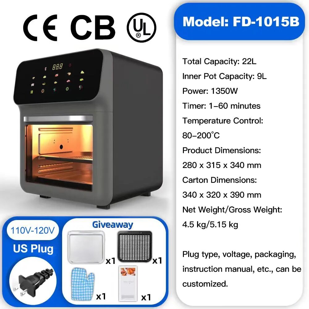 Воздушная фритюрница с прозрачным окном, 5.5 л, 1200 Вт, механическое управление