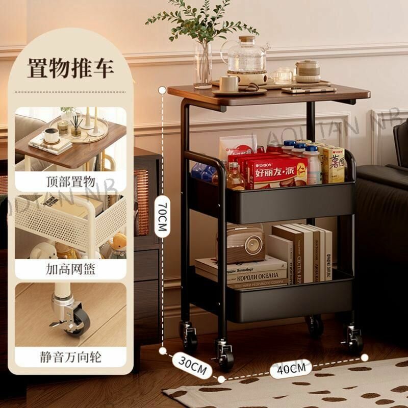 Передвижная тележка, несколько столов у дивана, столик с колесами в гостиной, держатель для закуски возле кровати в спальне