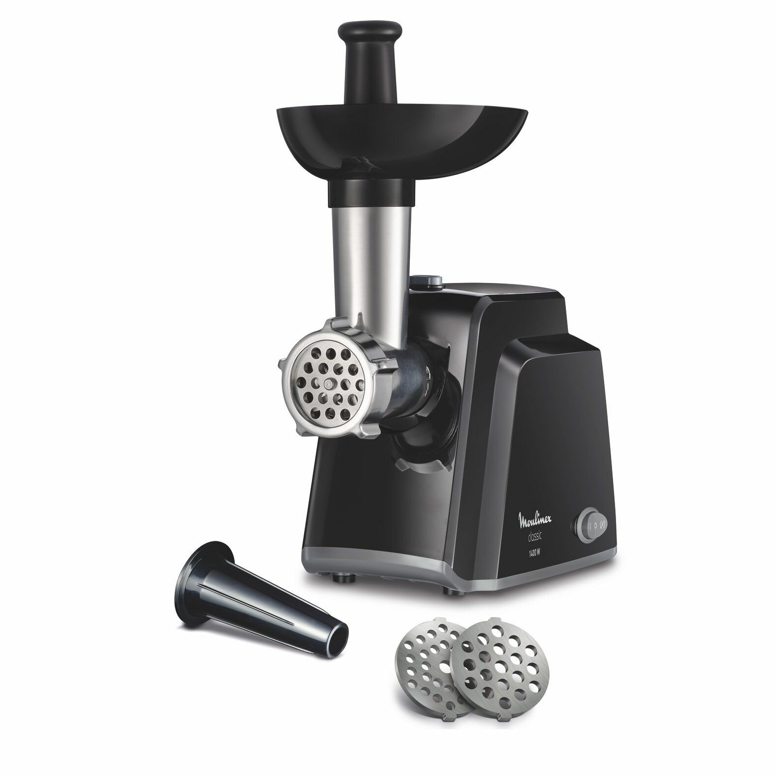 Мясорубка Moulinex ME 105830 черная, мощность 1400Вт, 1,7кг/мин, 3 насадки и 2 перфорированных диска