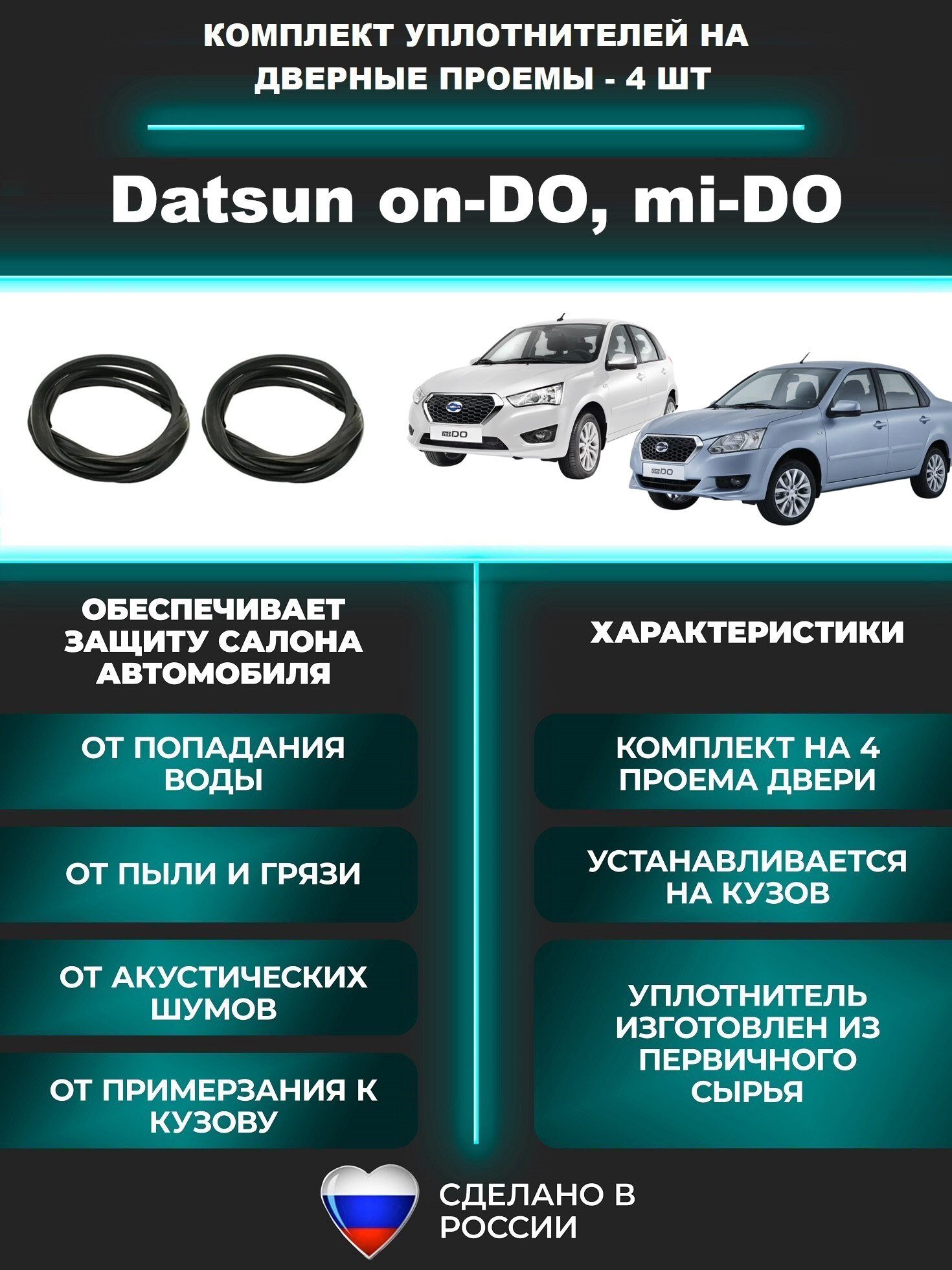 Комплект уплотнителей проемов дверей для Datsun on-DO, mi-DO / Датсун он до, ми до (стыкованный), 4 шт