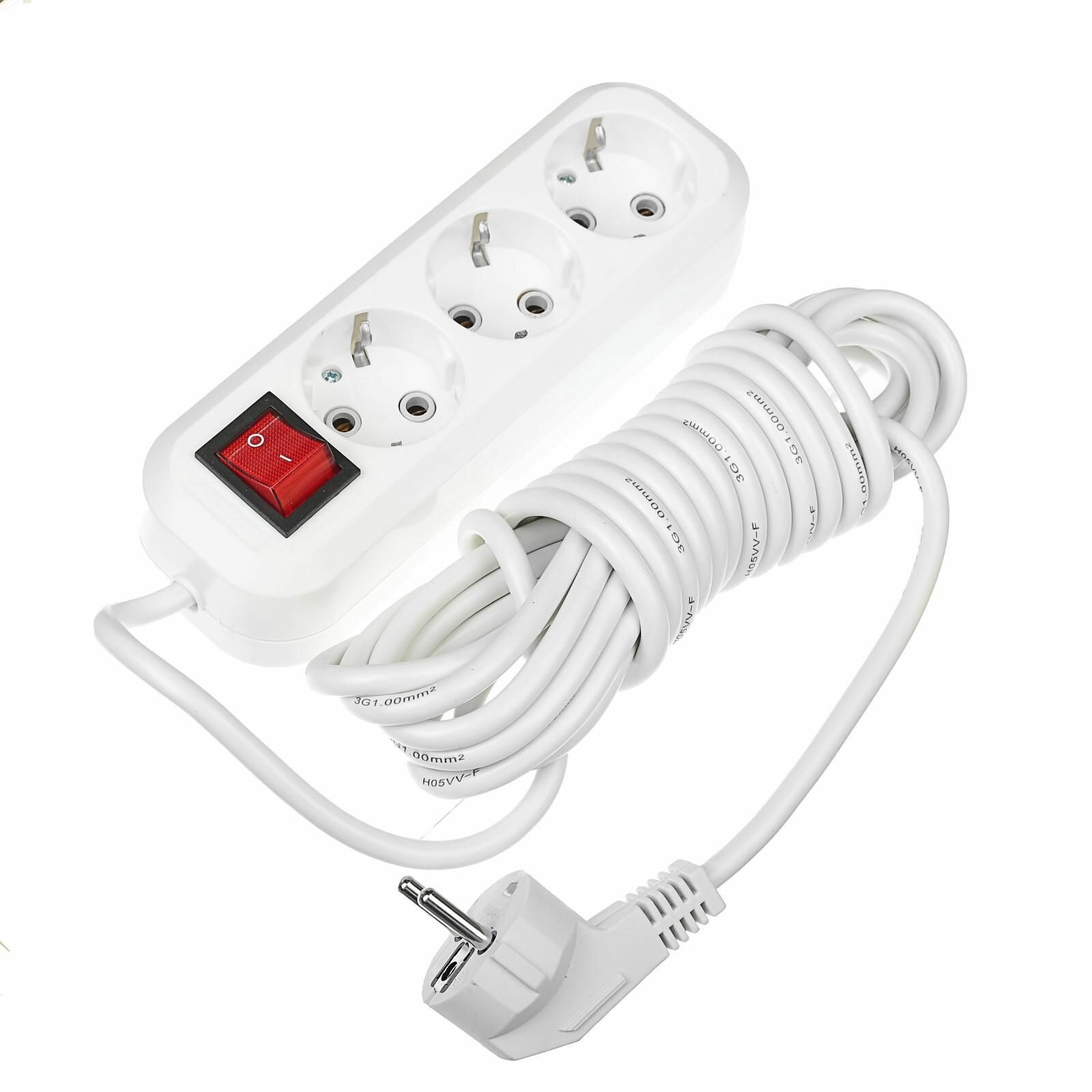Удлинитель сетевой, 3 розетки, 5 м, 3500 Вт, ПВС 31 мм2, 2 USB-A USB-C, 2.1 А, с заземлением, с выключателем, белый, 1 шт.