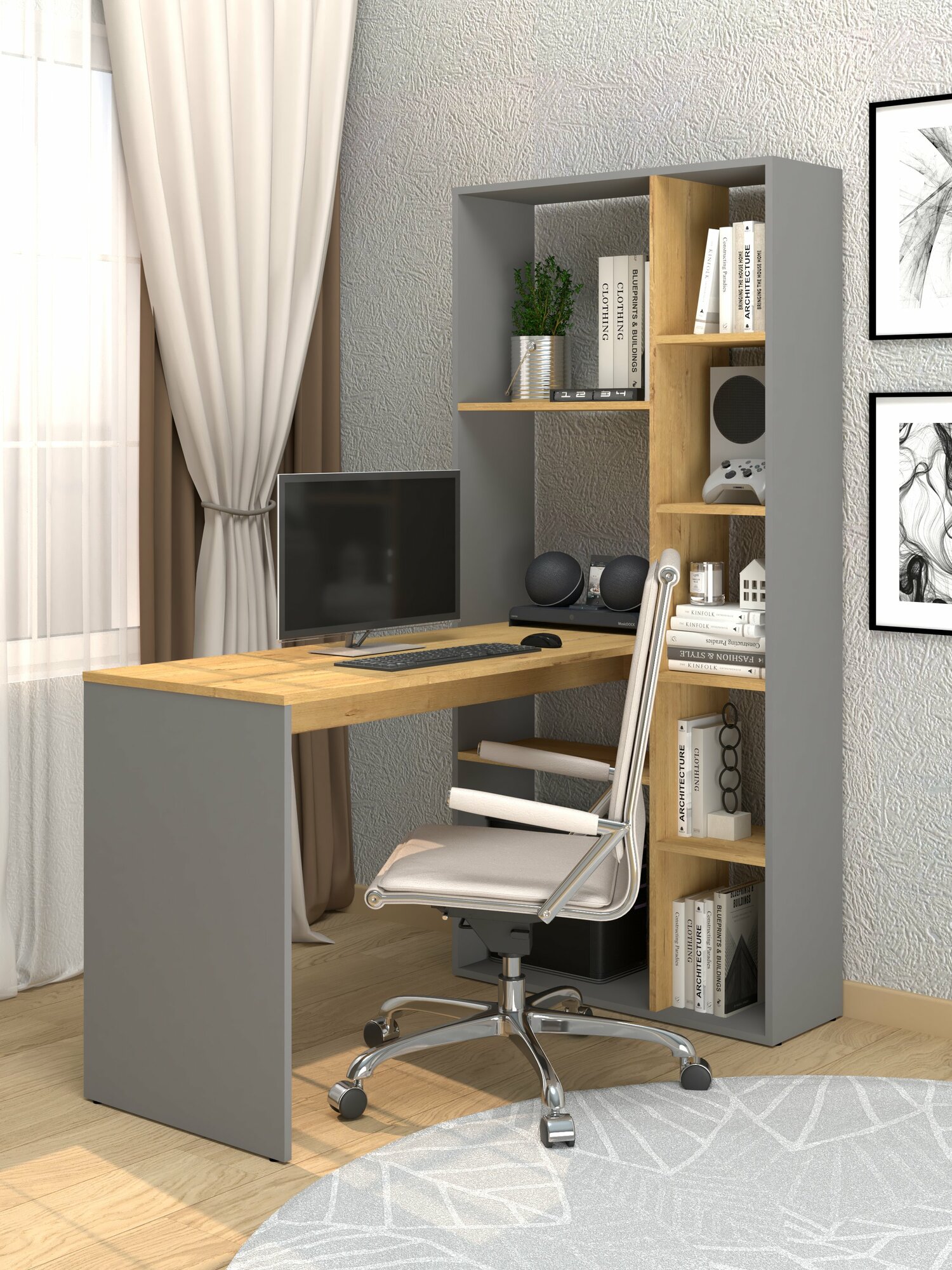 Есэндвич Лаворо 13 Письменный стол со стеллажом 130х170х80 см (Дуб бунратти/Вулканический серый)