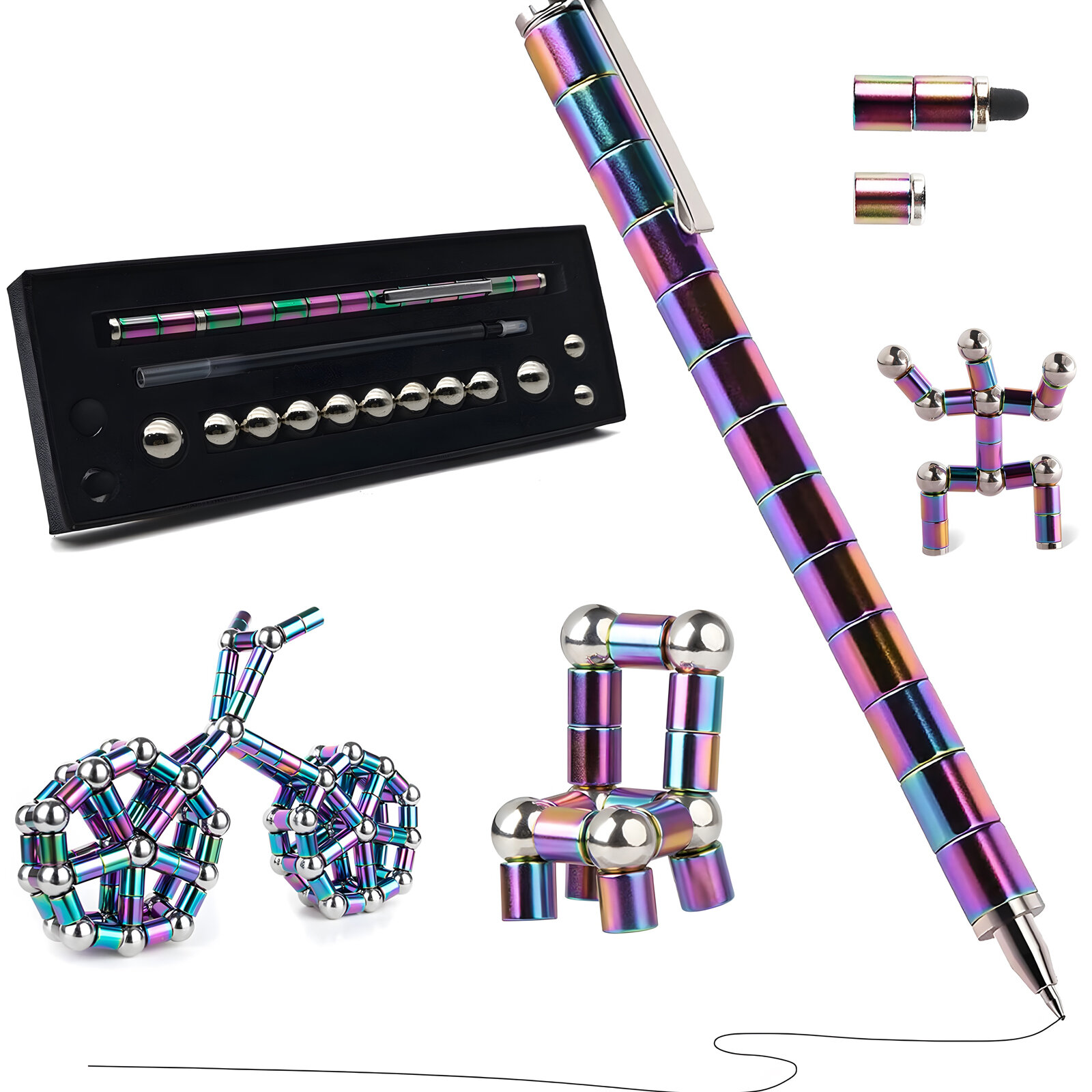 Toy Pen, Магнитная металлическая ручка для снятия напряжения, Многофункциональная деформируемая магнитная пишущая ручка, Игрушка-антистресс в подарок детям или друзьям, 13 магнитных колец, 12 стальных шариков, 1 ручка, 1 насадка, 1 клипса, 2