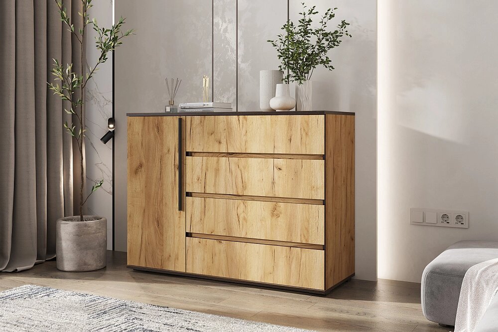 Комод для вещей 1 дверь 4 ящика 1 полка Норд, 120х90х45 см, Дуб крафт