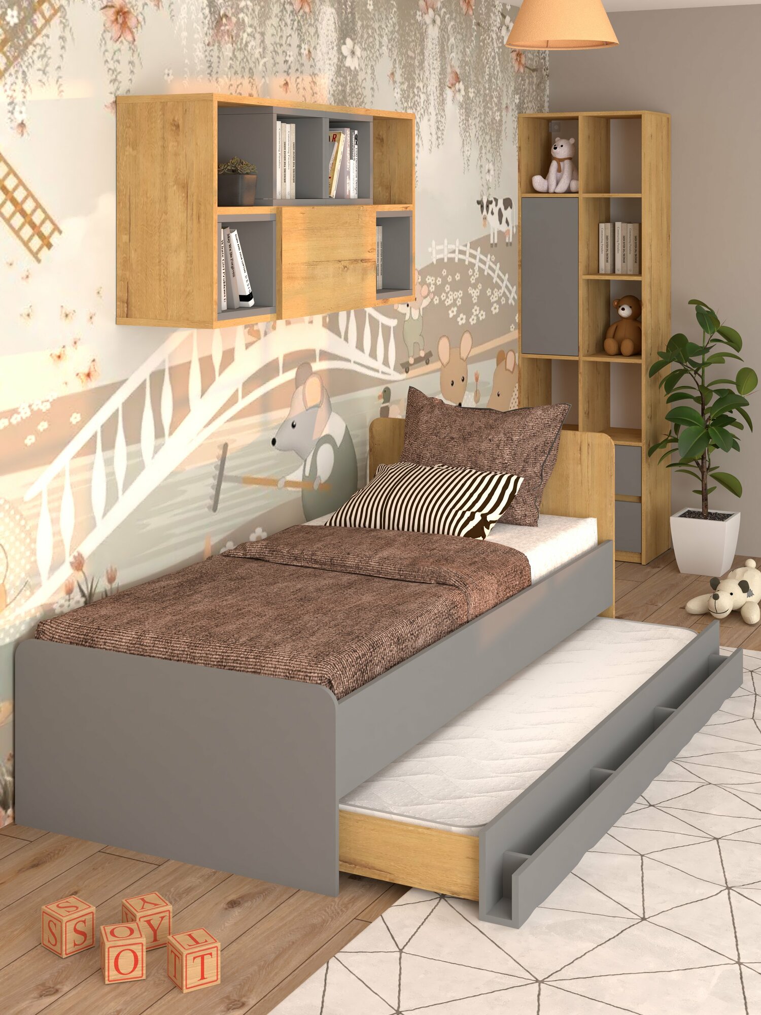 Есэндвич Grand Лаворо Кровать 90х200 с дополнительным спальным местом (Дуб бунратти/Вулканический серый) 203х93х80 см
