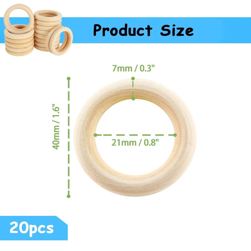 20 шт. 40 мм деревянные кольца для поделок, незаконченные кольца из натурального дерева, круг макраме для DIY, кулон, разъем для изготовления ювелирных изделий