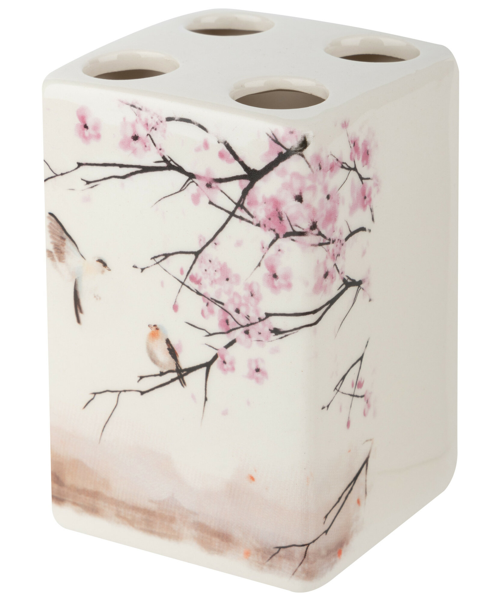 Стакан для зубных щеток рыжий КОТ "Сакура", керамика, белый, 6.5х6.5х11 см