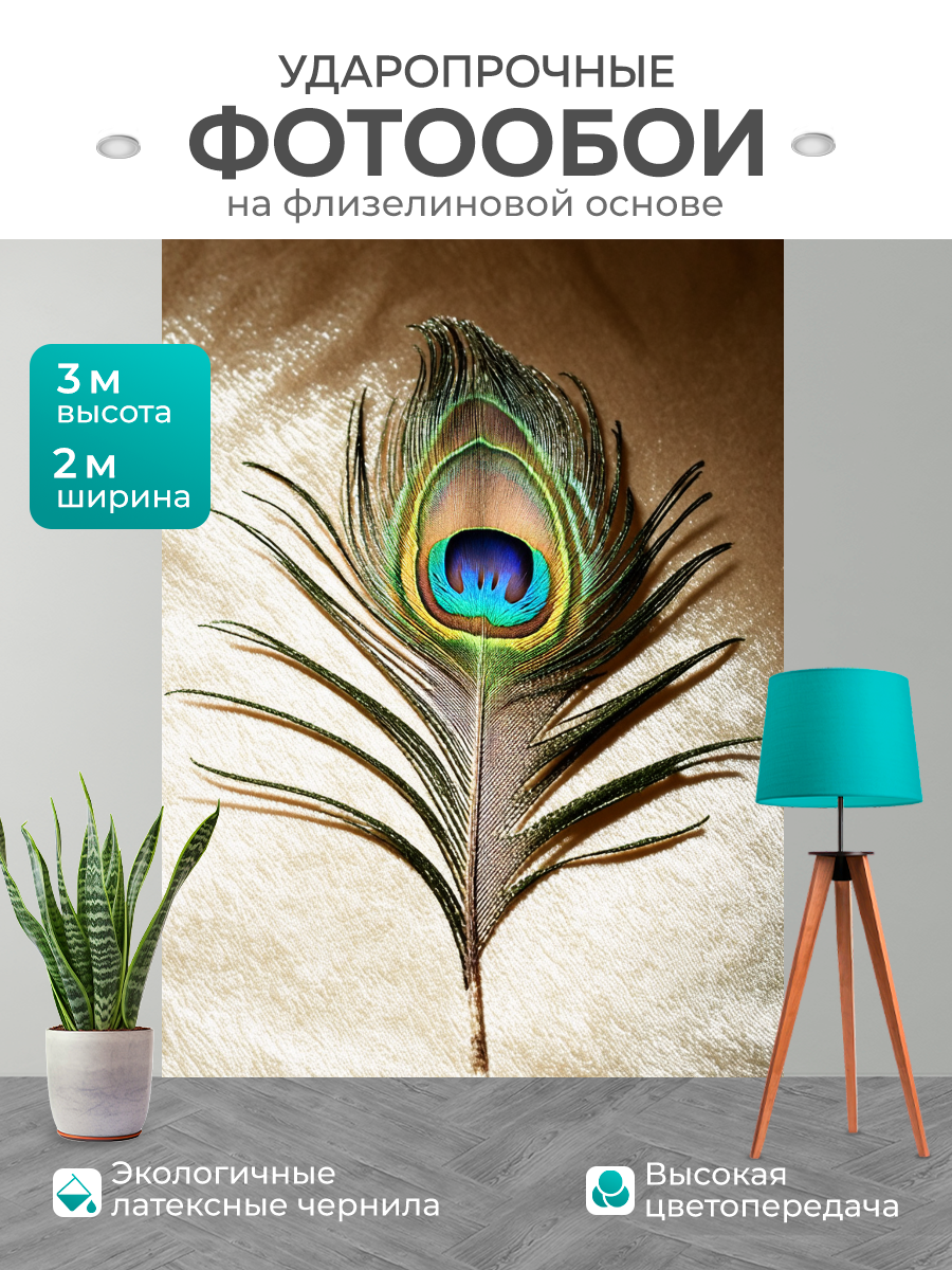 Фотообои моющиеся ударопрочные "Одиночное перо павлина с детализированными узорами на фоне светлой бархатной ткани. рассмотрите вариант." 200x300 см. флизелиновые на стену