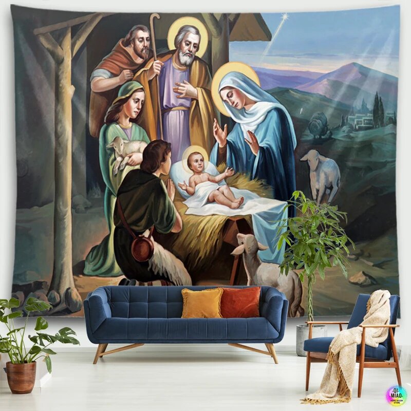 Настенный гобелен с изображением ангела Синий, 250x150cm, 009