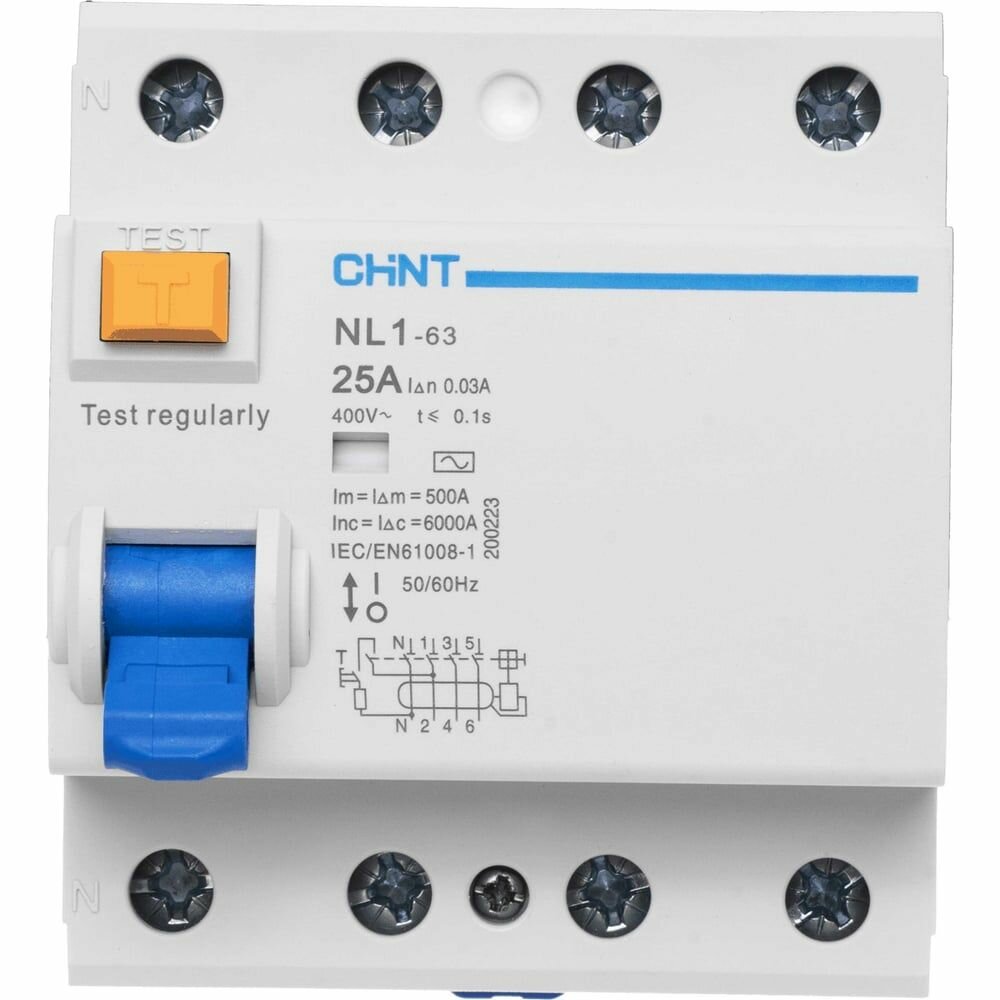 Выключатель дифференциального тока (УЗО) 4п 25А 30мА тип AC 6кА NL1-63 (R) CHINT 200223